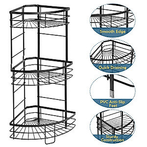 Shinoske 3-Tier Corner Shelf, Metal Bathroom Shelf Unit, Black, Semicircular, Modern, Freestanding, Space Saving, Waterproof, 13.4x8.7x24 inches