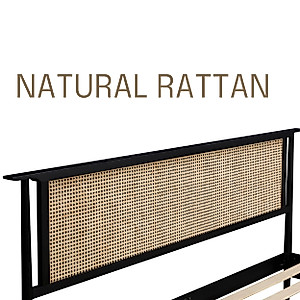 NTC Ruby Wooden Bed Frame with Headboard and Natural Rattan, Solid Oak Foundation with Silent Slats, 1000 Lb Capacity, Effortless Assembly, Queen - Burnt Black