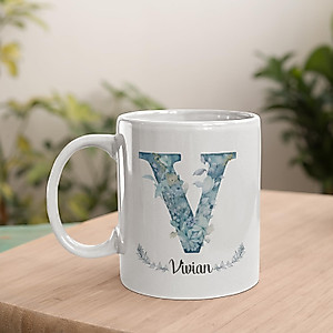 Personalized Letter V With Blue Floral Coffee Mugs, Customized Name Floral Alphabet Mugs, Coffee Cups Monogram, Letter Alphabet Initial Name Gifts, Custom Coffee Mugs For Women, Sister