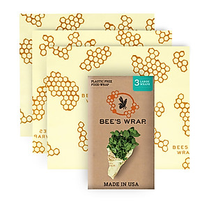Bee's Wrap Reusable Beeswax Food Wraps Made in the USA, Eco Friendly Beeswax Wraps for Food, Sustainable Food Storage Containers, Organic Cotton Food Wraps, 3 Pack of Large Wraps, Honeycomb Pattern