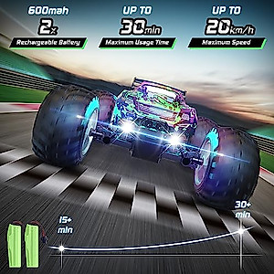 BAZOLOTA RC Car, 1:18 Scale All Terrain RC Truck, 2WD 20Km/h Remote Control Car, Remote Control Truck with LedLight and Two Rechargeable Batteries, Monster Truck Off Road Racing Car for Kid and Adult