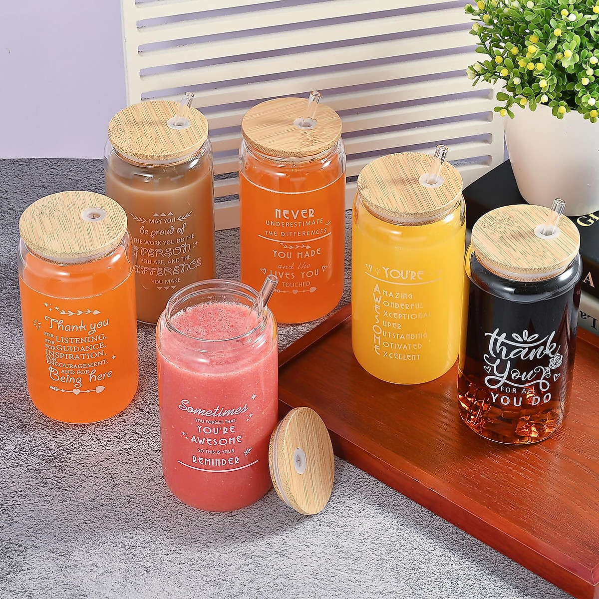 6 Set Employee Appreciation Presents Bulk, Personalized Inspirational Thank You Presents for Staff Coworker 16oz Can Shaped Beer Glass Cups with Lids and Straws, Box and Card for Team Women Men