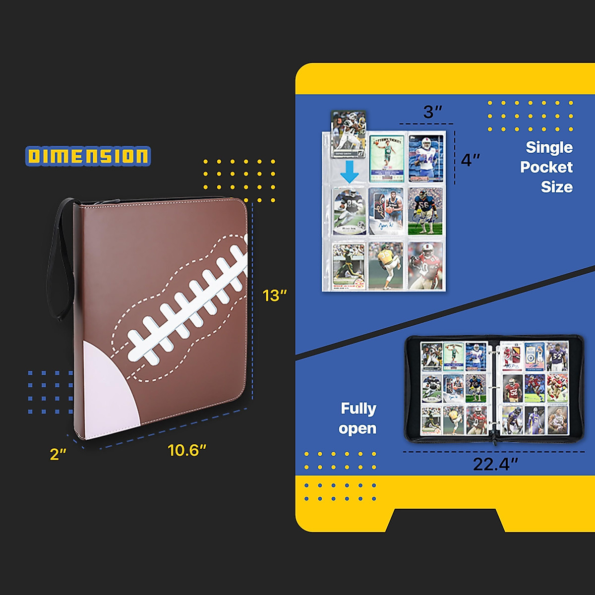Football Card Binder, 9 Pocket Sports card binder, 720 Double Sided Pocket Waterproof Binder, Football trading cards Zip Album, Expandable, Compatible with Gaming Cards, Yugioh, MTG and Other TCG