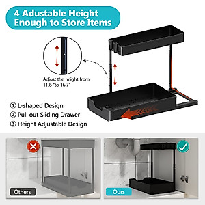 PUWEER 2 Pack Pull-out Under Sink Organizers and Storage, Under Kitchen Bathroom Cabinet Organizer with Hooks, Adjustable Height Multi-purpose Under Sink Shelf Organizer