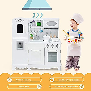Costzon Kids Kitchen Playset, Wooden Pretend Cooking Playset w/Stove, Fridge, Microwave, Removable Sink, Water Dispenser w/Light Sound, Cabinets, Great Gift for Boys Girls