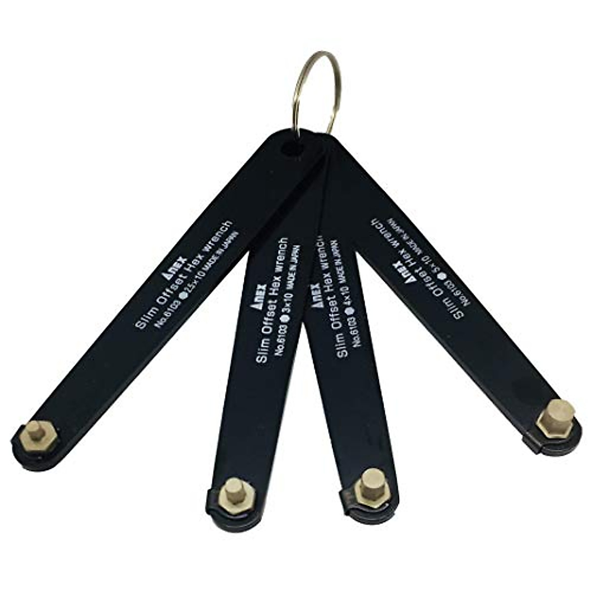 ANEX Ultra Low Profile Offset Allen Wrench Set 4 Piece, 90 Degree Straight Slim Plate For Tight Area, Made in Japan, Black