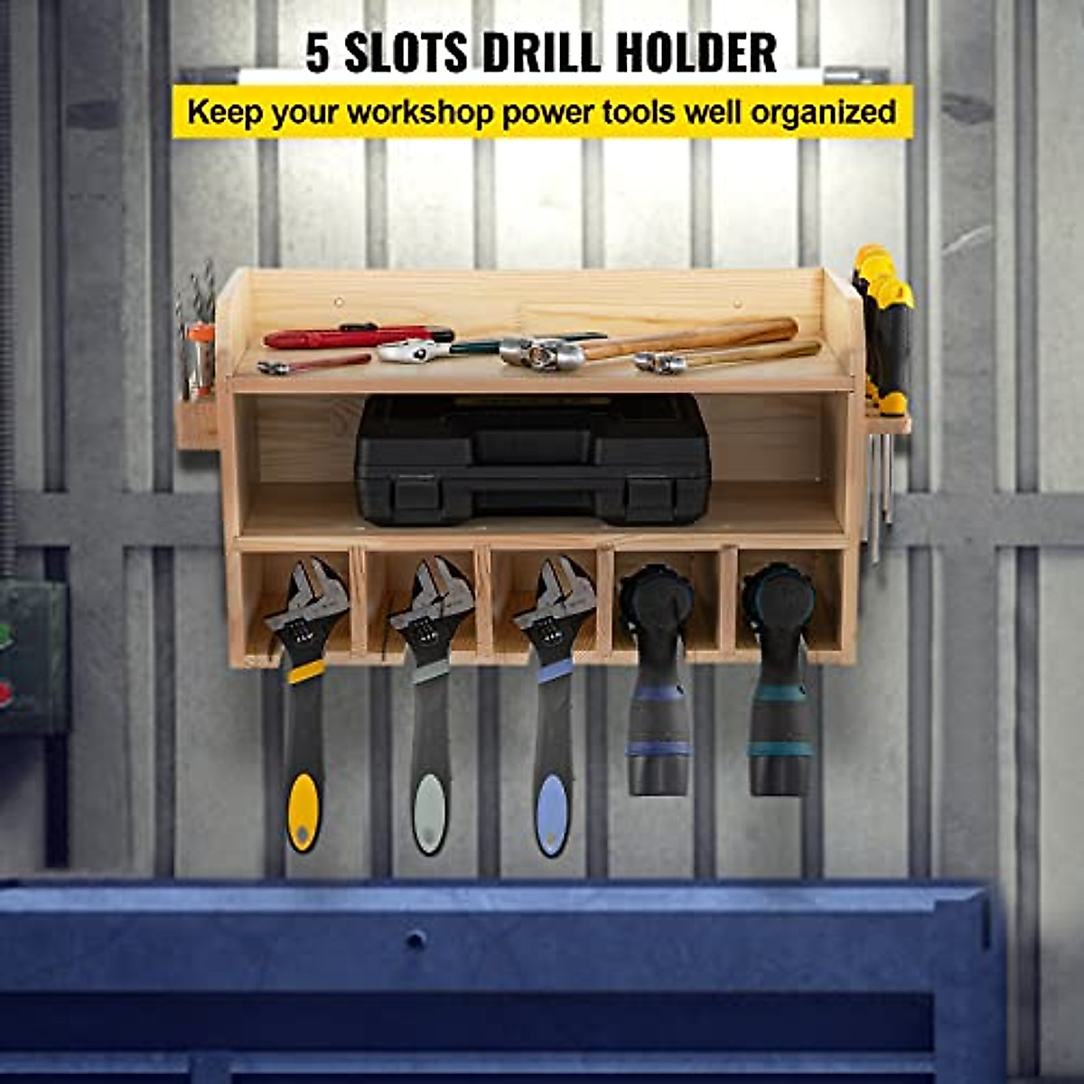 VEVOR Drill Charging Station, Power Tool Charging Station, 5 Drill Hanging Slots Drill Charging Station, 2-Shelf Cordless Drill Storage, Wall Mounted Power Drill Tool Storage Organizer Wooden