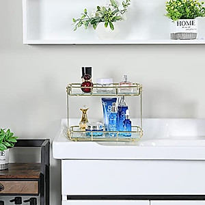 X-cosrack 2-Tier Bathroom Organizer Countertop, Bathroom Countertop Storage Shelf with Removable Marble Glass Tray, Vanity Tray Cosmetic Organizer Holder White