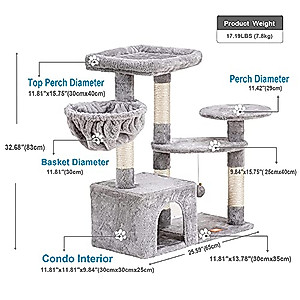 Heybly Cat Tree Cat Tower Condo with Sisal-Covered Scratching Posts and Cooling mat for Kitten Light Gray HCT001SW