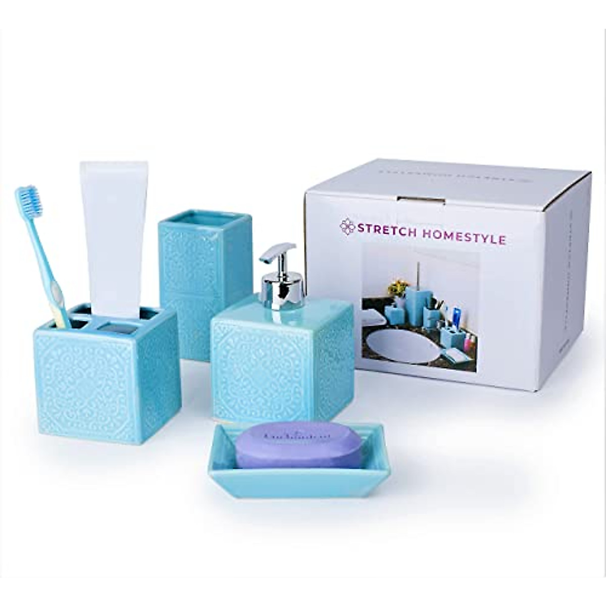 5 Pcs-Teal Blue Bathroom Accessories Sets Complete- Bathroom Accessories Set- Bathroom Accessory Set -Bathroom Accessories- Bathroom soap Dispenser Set
