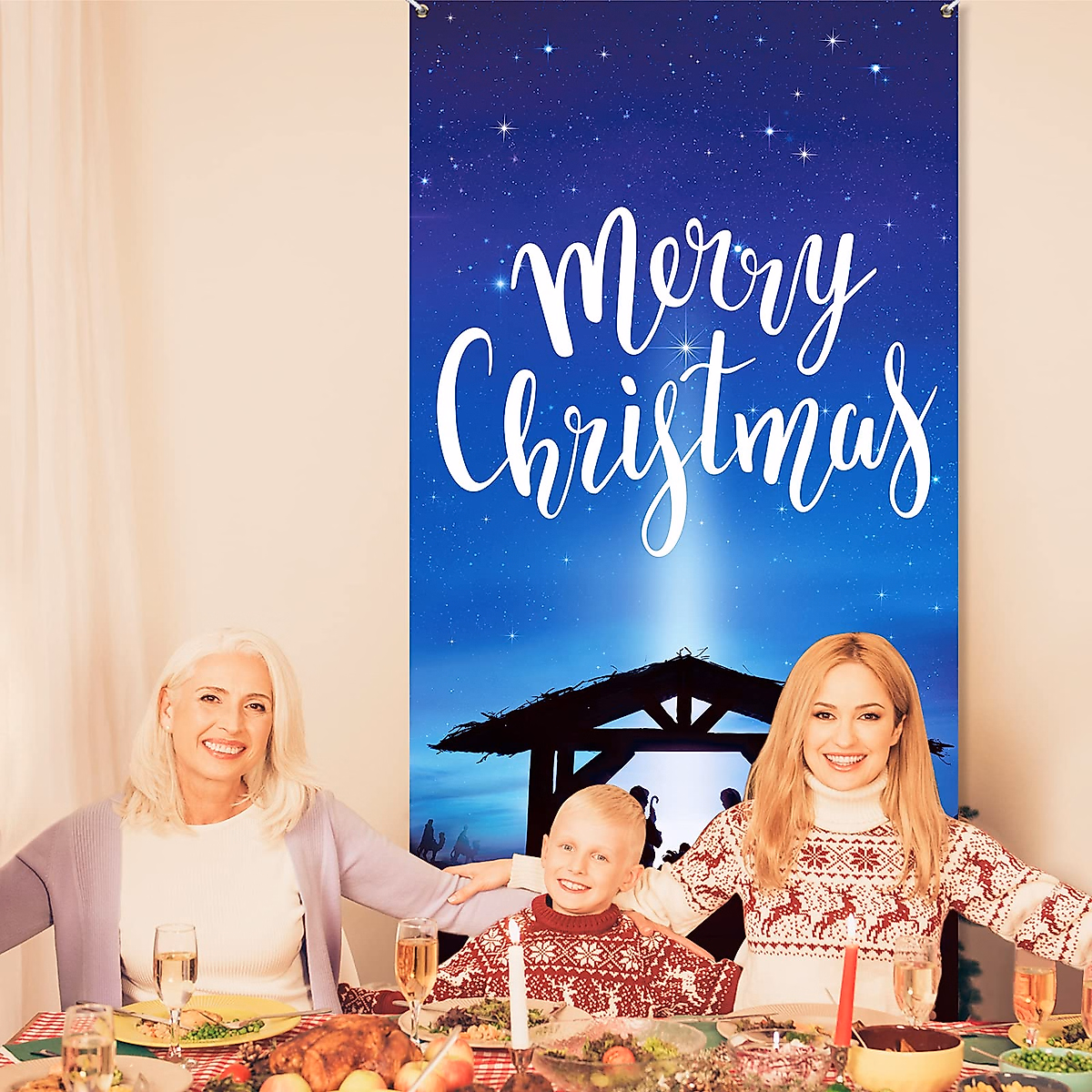 Christmas Door Decoration Merry Christmas Jesus Door Cover Holy Night Christ Born Photography Background Xmas Baptism Front Door Banner Shepherd Santa Mary Starry Backdrop Party Supplies