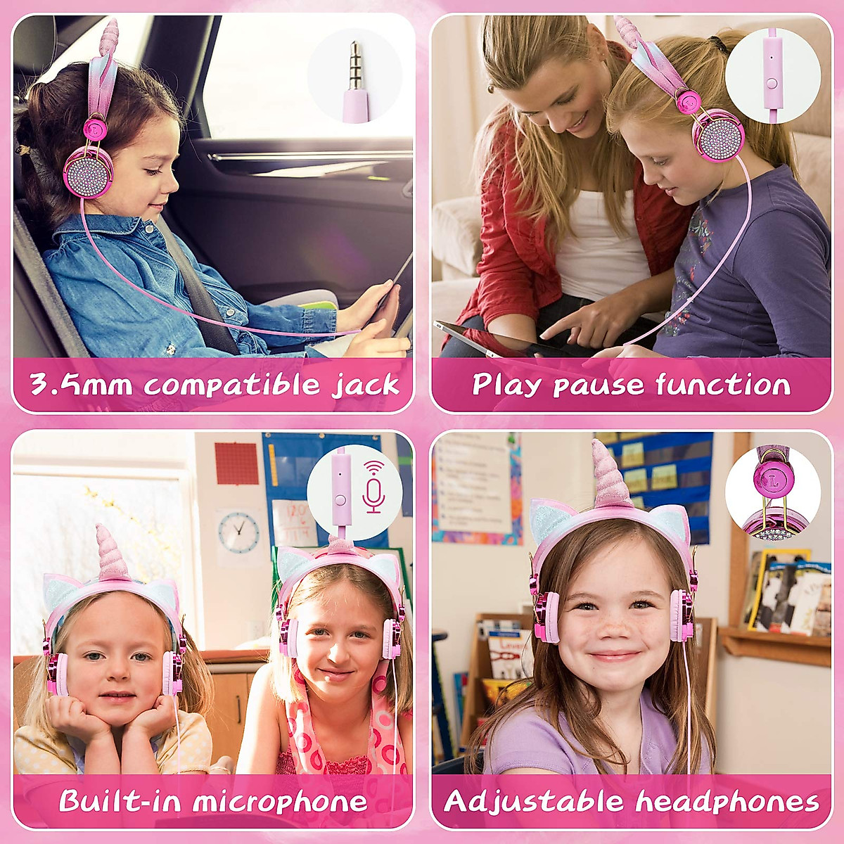 Kids Headphones, Snow Abonci Unicorn Wired Headset with Microphone Adjustable Headband, 3.5mm Jack and HD Sound Over Ear Headphones for School, Birthday, Party, Xmas, Unicorn Gifts