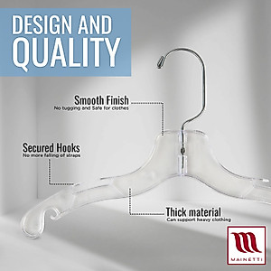 Mainetti 5075 Clear Plastic Hangers - 10 Pack with 360 Swivel Metal Hook and Notches for Straps, Great for Children's Shirts/Tops/Dresses, 12 Inch