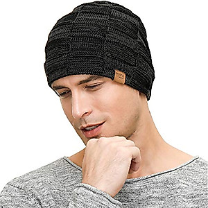Vgogfly Slouchy Cool Beanie for Men Guys Lined Knit Warm Thick Skully Stocking Binie Winter Hat Black
