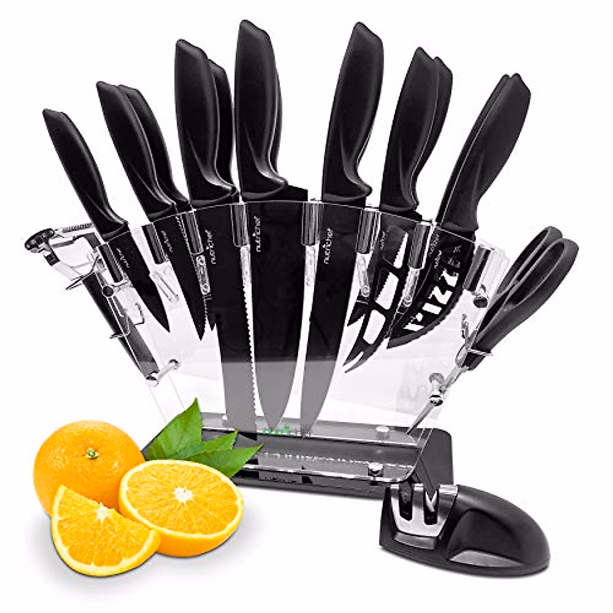 NutriChef 17 Piece Kitchen Knife Set - Stainless Steel Kitchen Precision Knives Set w/ 6 Steak Knives & Bonus Sharpener, Scissors, Peeler, Acrylic Block Stand - Slicing, Chopping, Dicing - NCKNS17