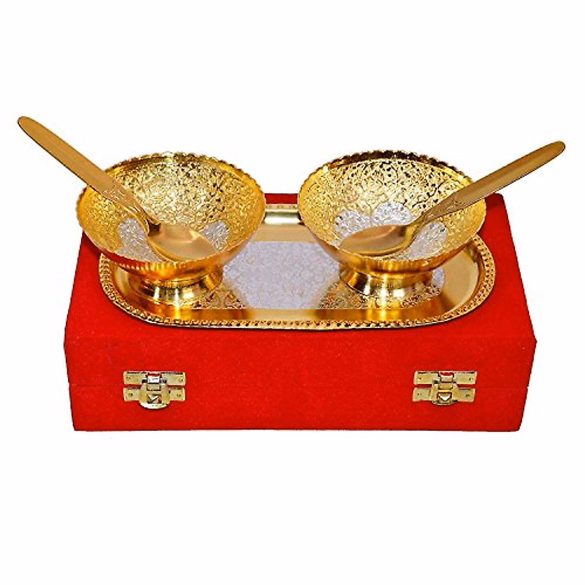 DBY Silver and Gold color Plated Bowl Set with Spoon Tray Come with Gift Pack Dry Fruits Gift Item Serving Bowl Brass Bowl Gold Plated Brass Bowls Set