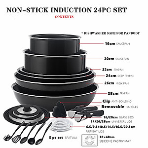 lzteck 24 Pieces Non-Stick Cookware Set,Removable Handles Stackable Pans and Pots Set with Silicone Pastry Mat, for RVs and Camping,Oven,Induction,Gas,Electric,Stovetops,Dishwasher Safe