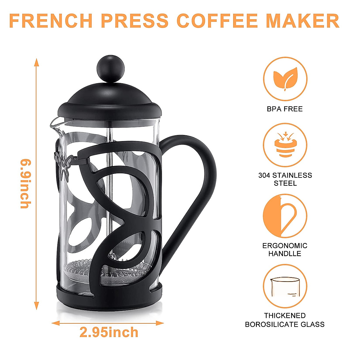 WORBIC French Press Coffee Maker, 3 Level Filtration System, Coffee Press with Heat Resistant Borosilicate Glass, 12oz Coffee French Press with Coffee Scoop w/Clip & 2 Extra Filters (Black)