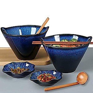 Farielyn-X Porcelain Ramen Bowls Set of 2(8 pcs), 28 Ounce Japanese Ramen Udon Noodle Miso Bowl with Chopsticks & Spoons & Dipping Dishes, Unique Reactive Glaze Bowl, Dishwasher & Microwave Safe