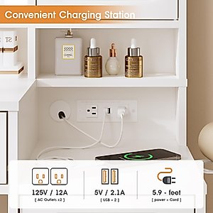 Mauqvit Vanity Desk with Mirror and Light，Vanity Desk with 2 Large Drawers, 2 Large Storage，Charging Station and 10 Lights 3 Lighting Modes Adjustable Brightness Dresser, White