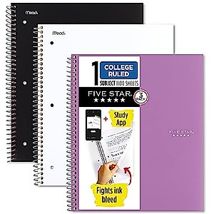 Five Star Spiral Notebooks + Study App, 3 Pack, 1-Subject, College Ruled Paper, 200 Sheets, 11" x 8-1/2", Black, White, Amethyst Purple (820188-ECM)