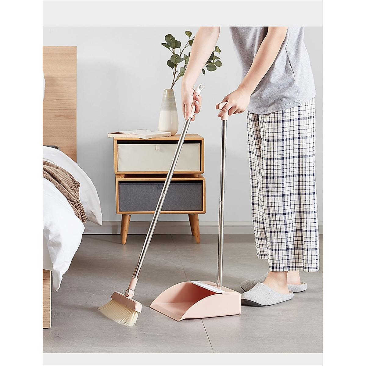 LJJSMG Broom and Dustpan,Self-Clean Dustpan and Broom Set,Broom and Dustpan Combo for Home,Office,Kitchen (Color : Pink)