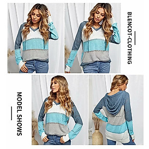 BLENCOT Women's Casual Color Block Hoodies Sweater Long Sleeve Drawstring Pullover Sweatshirts Fashion Knitted Tops Blue M
