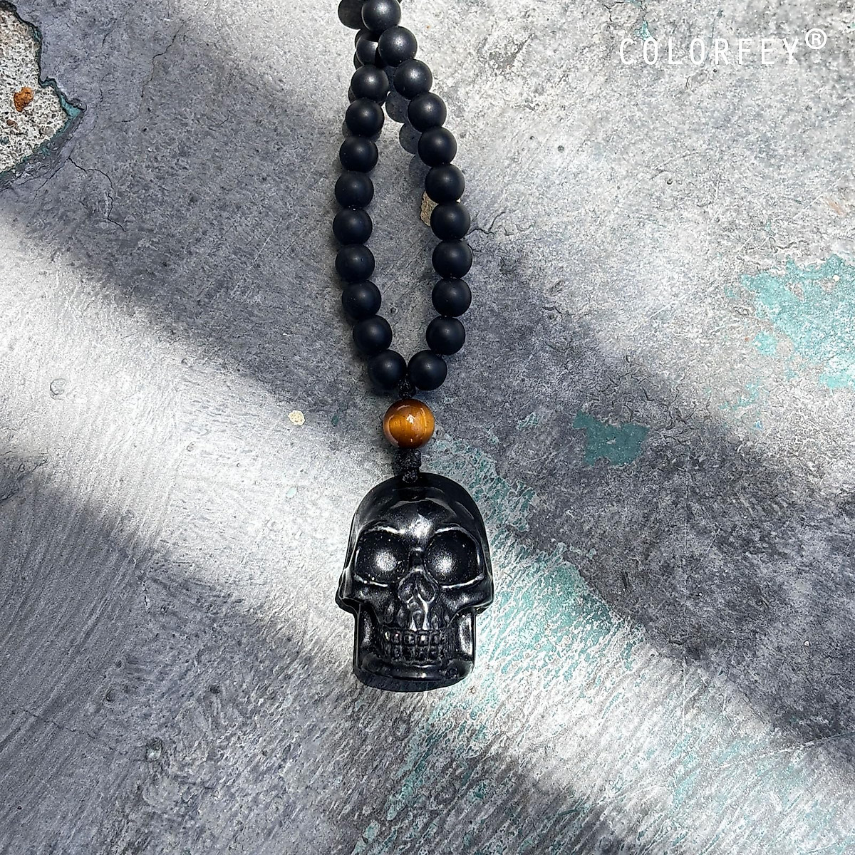 Obsidian Skull Necklace for Mens, Triple Protection Crystal Necklace with Genuine Obsidian Tiger Eye and Black Onyx Stone, Natural Mens Beads Necklace to Bring Luck, Prosperity and Happiness