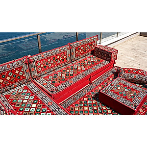 8" Thicknesse L Shaped Floor Couch, Arabic Sofa Seating, Floor Pillow, Corner Floor Couch, Sectional Sofa Set, Patio Furniture, Arabic Majlis (L Sofa + Rug + Poufs)