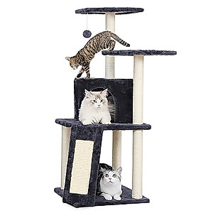 KSIIA Cat Tree for Indoor Cats 43 Inch Tall Cat Climbing Tower with Sisal-Covered Scratching Post & Board Modern Kittens Activity Condo House with Plush Perch, Grey