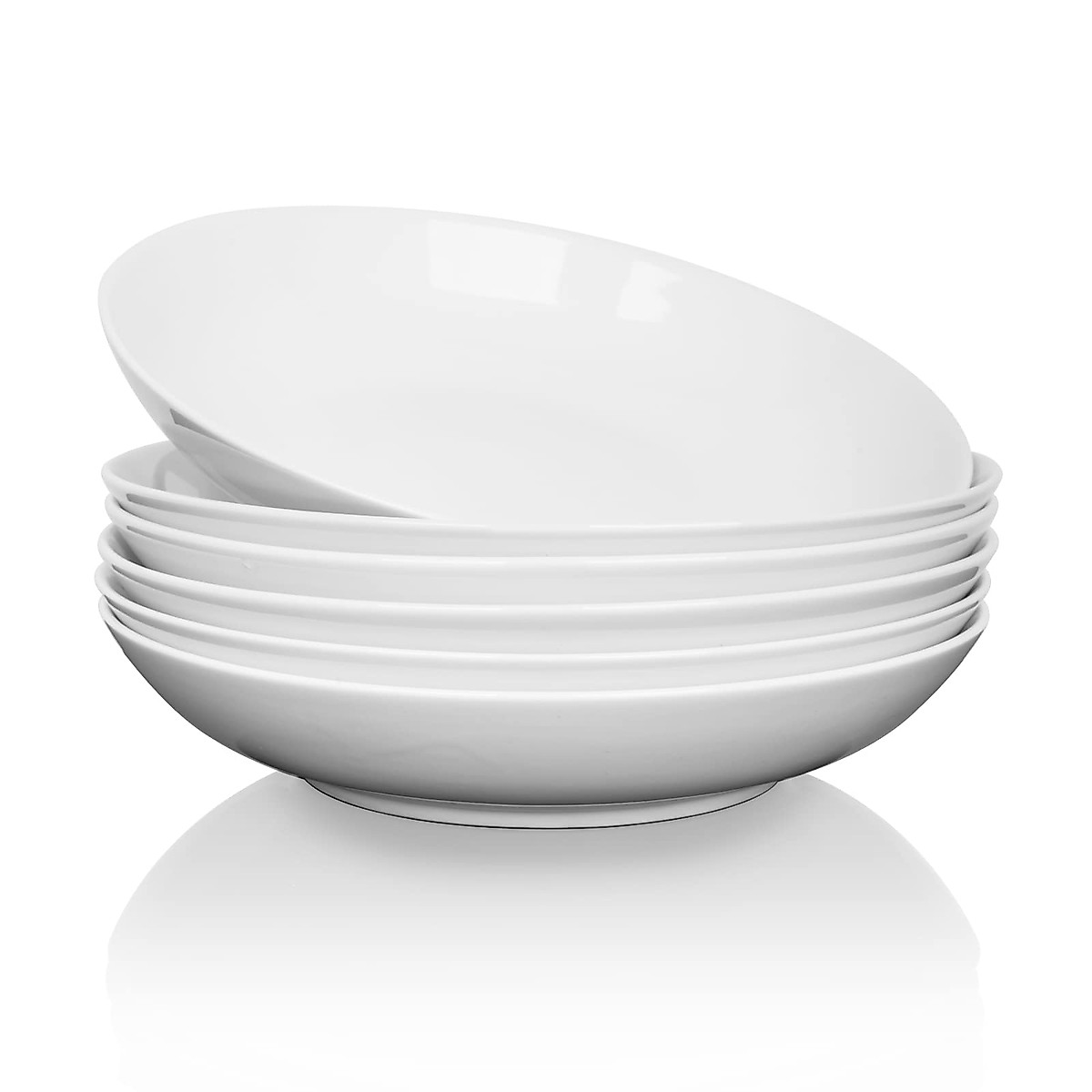 ALLUSEIT Pasta Bowls, 6pcs/28oz Bone Porcelain Bowls Set for Soup and Salad, White Ceramic Serving Bowls and Plate for Kitchen, Wide & Shallow, Microwave & Dishwasher Safe, Φ8inch