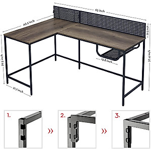 WOHOMO L Shaped Desk 65 Inch No Screw Quick Lock Computer Desk with Storage Basket Gaming Corner Writing Workstation Table with Shelf for Home Office Easy to Assemble, Walnut