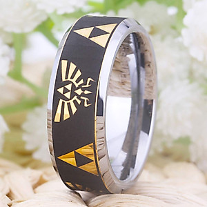 CLOUD DANCER FREE Custom Engraving The Legend of Zelda Ring- Crest and Triforce Ring Gold with Silver Bevel Tungsten Carbide Wedding Ring Engagement Ring (9.5)