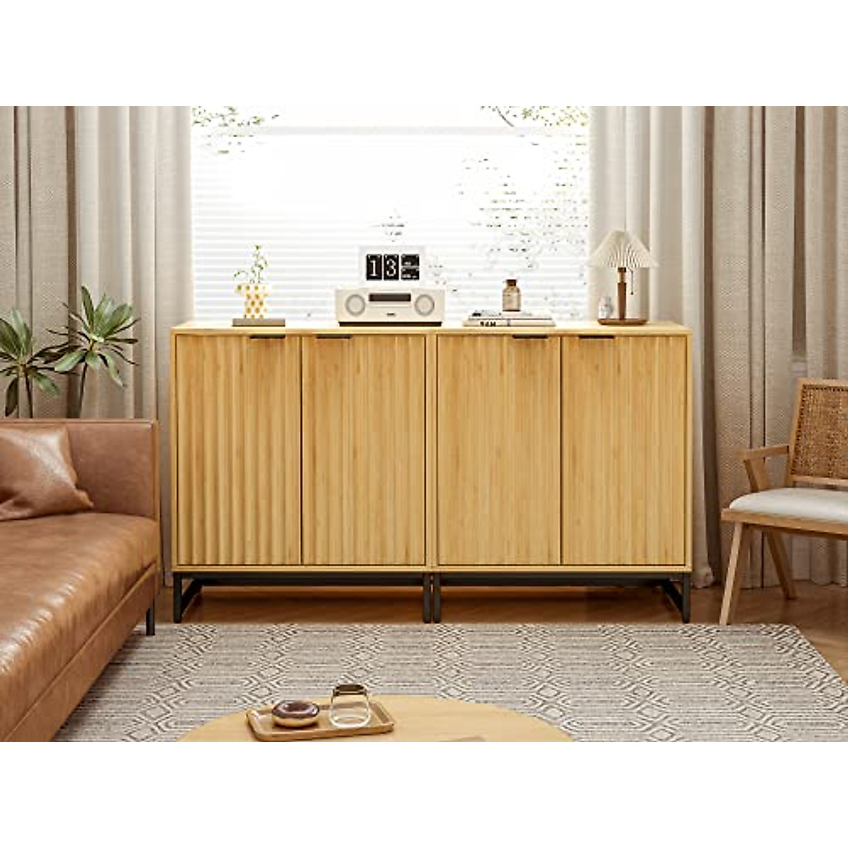 Trnnozu Bamboo 2 Door Cabinet, Buffet Sideboard Storage Cabinet, Buffet Server Console Table, Coffee Bar Accent Cabinets for Dining Room, Living Room, Kitchen, Hallway