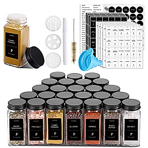 CUCUMI 25pcs Spice Jars with Labels, Glass Spice Jars with Black Metal Caps, 4oz Spice Bottles with Shaker Lids, Funnel, Chalk Pen,Test Tube Brush, Seasoning Storage for Spice Rack, Cabinet
