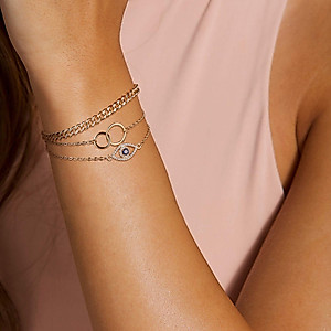 Layered Evil Eye Bracelets for Women, 14K Gold Filled Delicate CZ Evil Eye Bracelet layering Gold Cuban Chain bracelet Infinity Circle Dainty Evil Eye Bracelets for Women Jewelry