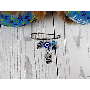 MyEvilEye Blue and Silver Color Evil Eye Hamsa Stroller Pin with Owl for Baby Good Luck