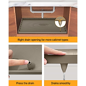 Under Sink Mat, Waterproof Silicone Mat with Water Leak Sensor Alarm, 34" x 22" Kitchen Cabinet Mat, Under Sink Liner Holds up to 3.7 Gallons Liquid(Brown)