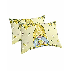 Edwiinsa Summer Lemon Pillow Covers Queen Size Set of 2 20x30 Bed Pillow, Spring Floral Gnomes Rustic Yellow Plush Soft Comfort for Hair/Skin Cooling Pillowcases with Envelop Closure