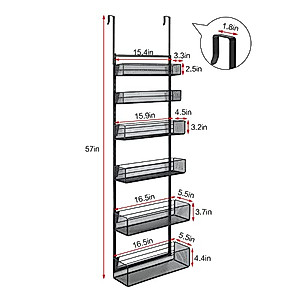 Over The Door Pantry Organizer 6-Tier Adjustable Tiers Hanging & Wall Mount Spice Rack,Metal Tube Behind The Door Storage Shelf,6 Adjustable Baskets with 4 Sizes & Small Mesh for Kitchen,Bathroom