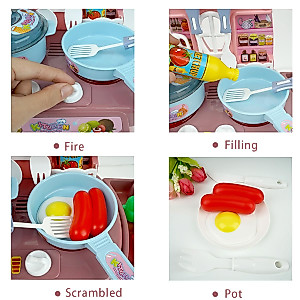 Kitchen Toys Imitated Chef Light Music Pretend Cooking Food Play Set Children Girl Toy Gift Fun Game Toy Kitchen Sink with Running Water and Electronic Induction Stove (blue kitchen and more food)