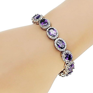 Hermosa Elegant Oval Gemstone Silver Bangle Bracelet with 1-Inch Extender Chain | Adjustable 7-8 Inches | Hypoallergenic Jewelry Gift for Women(Amethyst)