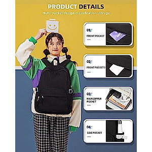 Lightweight School Backpack for Women Men, Laptop Travel Casual Daypack College Secondary School Bags Bookbag for Teenage Girls Boys, Black