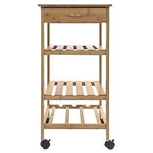Redmon Bamboo Multi Shelf Kitchen Trolley, Three Open Shelves, Slide Drawer, Locking Castors, Wine Bottle Holder, 15.25 Inch Width x 15.25 Inch Depth x 31.50 Inch Height