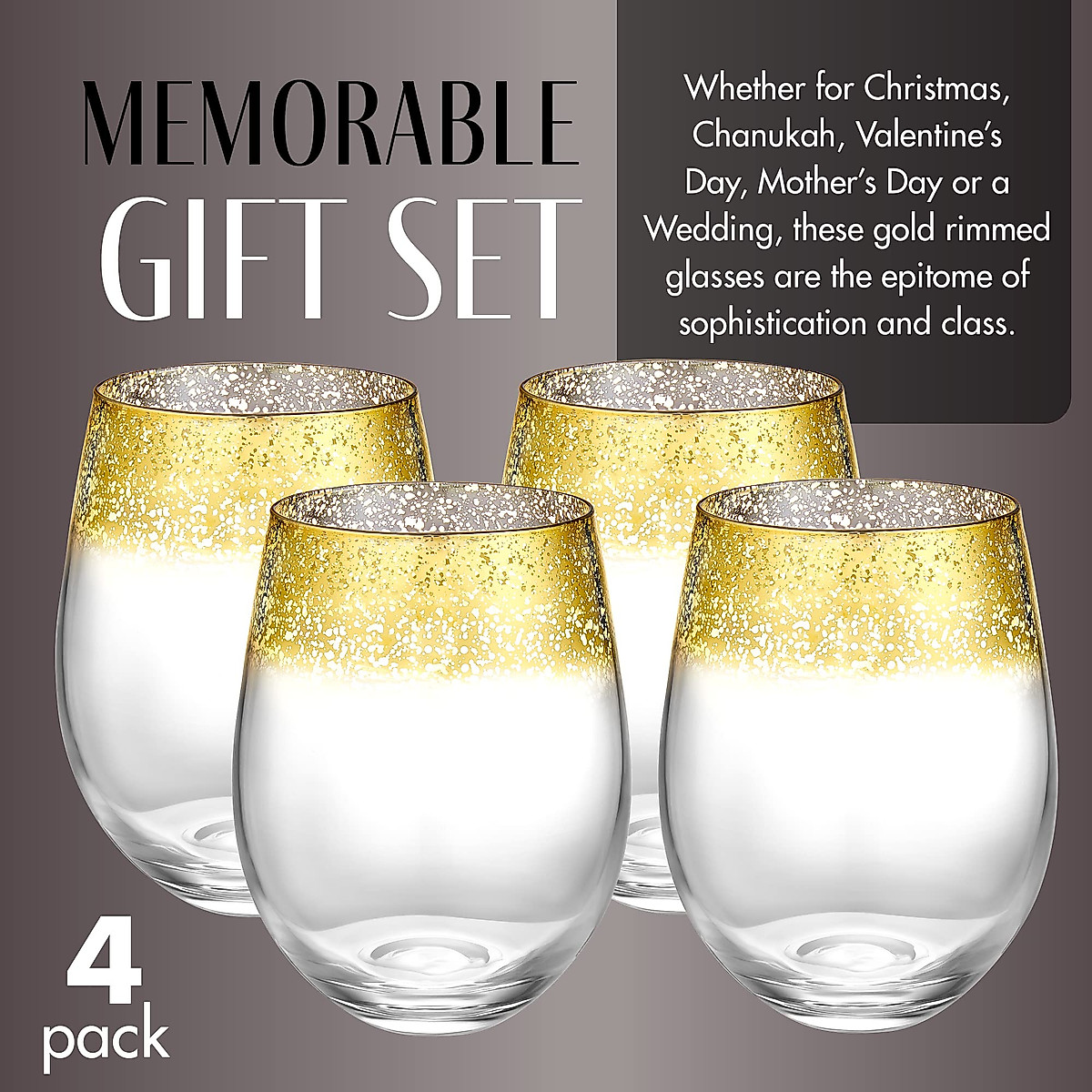 Kitchen Lux 18 oz Gold Rimmed Wine Glass - Unique Stemless Wine Glasses Set of 4 - Accented Rim - Large Gold Drinking Glass Cocktail Tumblers - Deluxe Glassware Gift Box for Christmas, Dishwasher Safe