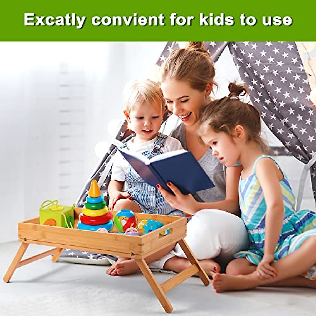 Greenual Bed Tray Table with Folding Legs for Eating Serving Tray with Handles Bamboo Breakfast Food Table Comes with Phone Holder Portable Snack Platter for Bedroom Hospital Picnic