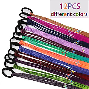 12 Pieces Colored Braids Hair Extensions with Rubber Bands Rainbow Braided Synthetic Hairpieces Ponytail Hair Accessories for Women Kids Girls Party Highlights Cosplay Dress Up