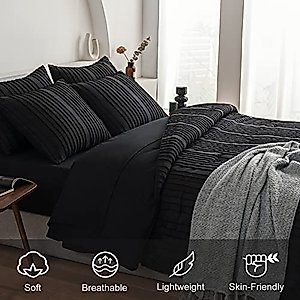 WARMDERN Black Comforter Set Queen Size Soft Bedding Sets Boho Striped Pattern Comforter Set Lightweight Comforter for All Season Down Alternative Comforter Bed in A Bag 7 Piece(Queen, Black)
