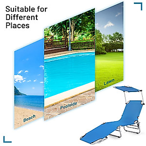 Giantex Outdoor Folding Chaise Lounge, Portable Tanning Chair with 5 Adjustable Positions, 360°Rotatable Canopy Shade, Side Pocket, Patio Lounge Chair for Beach, Lawn Sunbathing Chair (1, Navy)