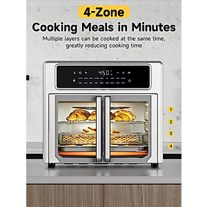 Kitchen Elite Air Fryer French Door Oven,26.4 Qt Easy Cleanup & Use Large Countertop Toaster Oven Combo,18 Presets & 1 Preheat & 1 Light,Multi-Layer Cooking,4 Accessories,Stainless Steel
